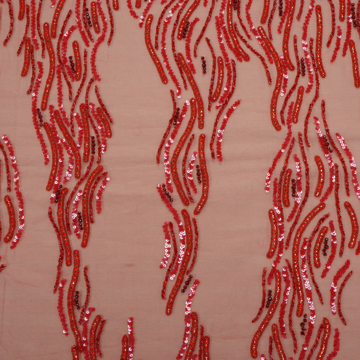 Red Flame Wave Sequin and Bugle Bead Embroidered Tulle Fabric | Rex Fabrics