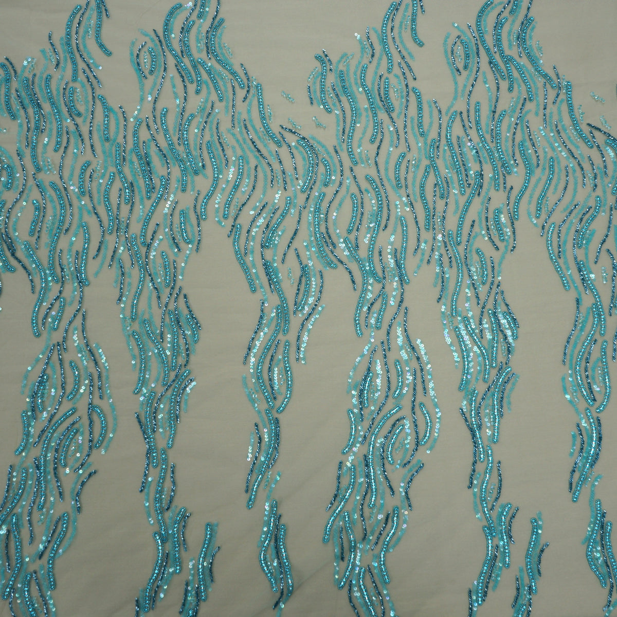 Aqua Blue Flame Wave Sequin and Bugle Bead Embroidered Tulle Fabric ...