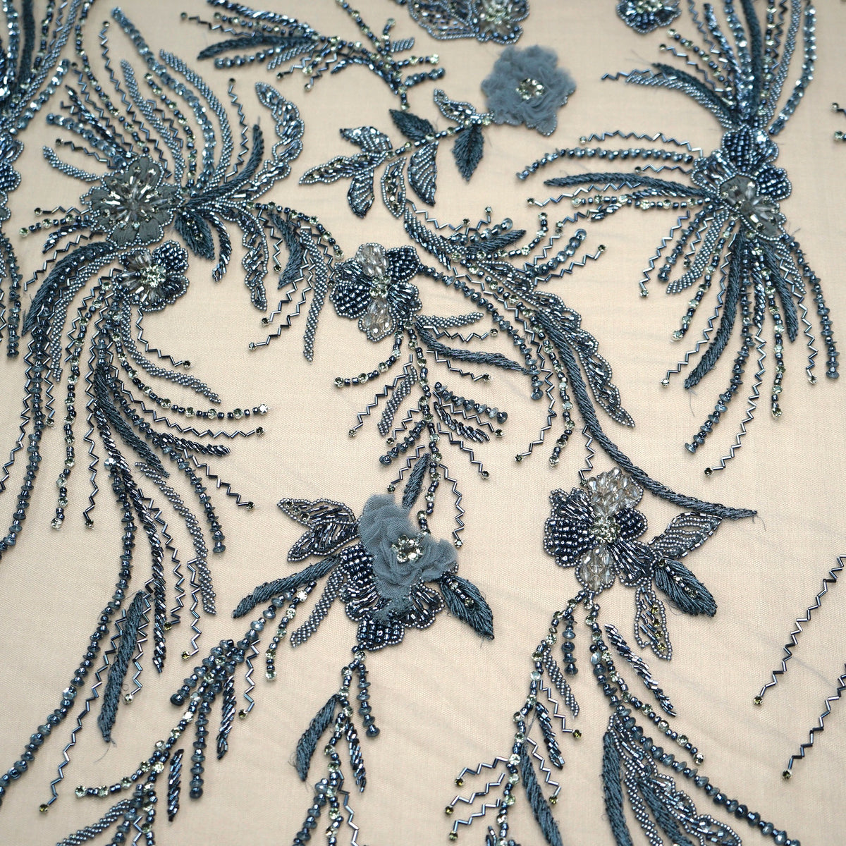 Steel Blue Beaded Floral Burst Embroidered Tulle Fabric– Rex Fabrics