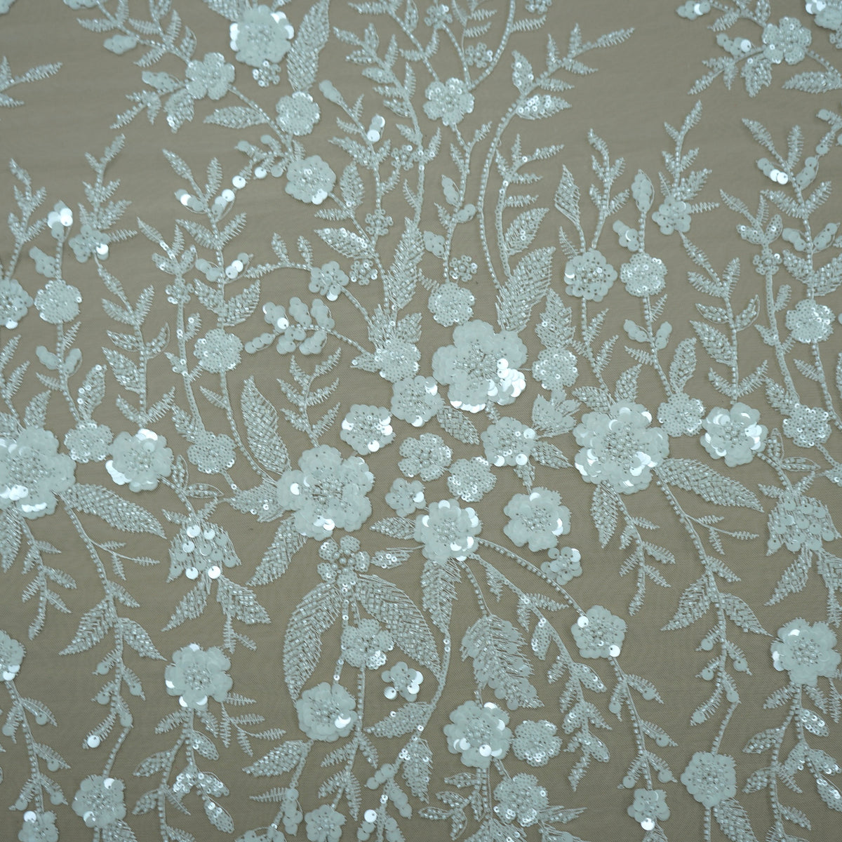 Off White Sequin Floral Vine Embroidered Lace Tulle Fabric | Rex Fabrics