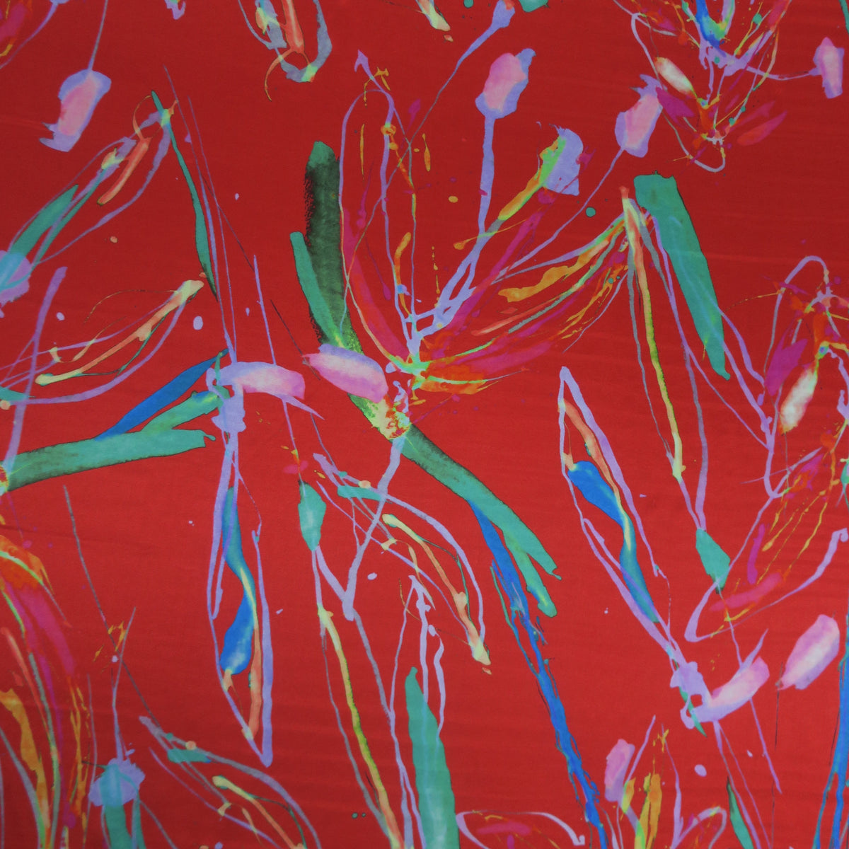 Abstract Red Splatter Print on Blush Silk Charmeuse Fabric | Rex Fabrics