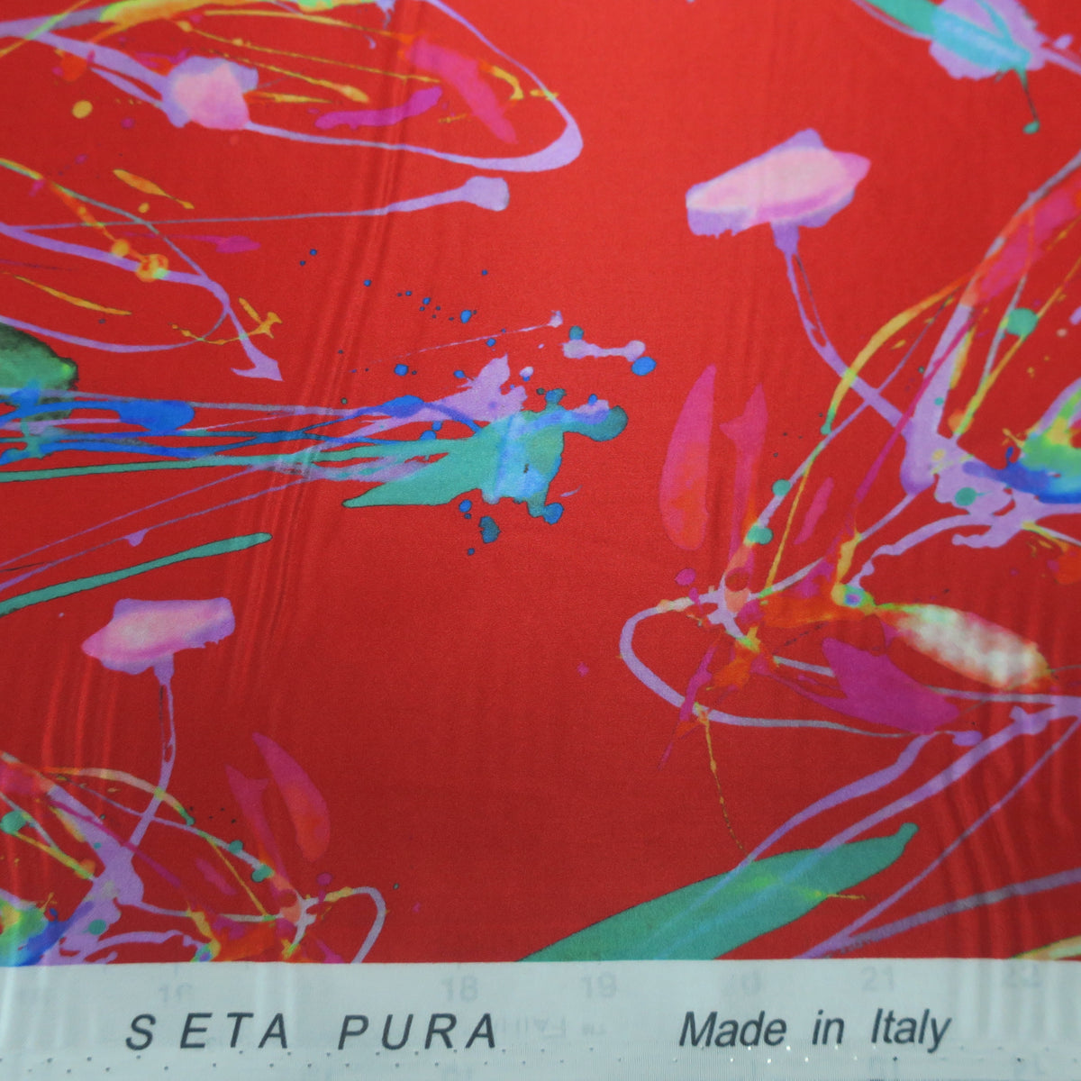 Abstract Red Splatter Print on Blush Silk Charmeuse Fabric | Rex Fabrics