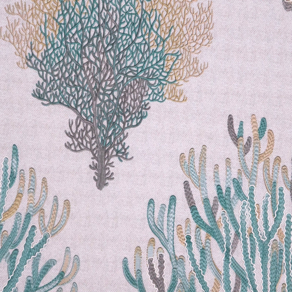 Aqua Nutmeg Bermuda Coral Reef on Off White Background Linen Fabric ...