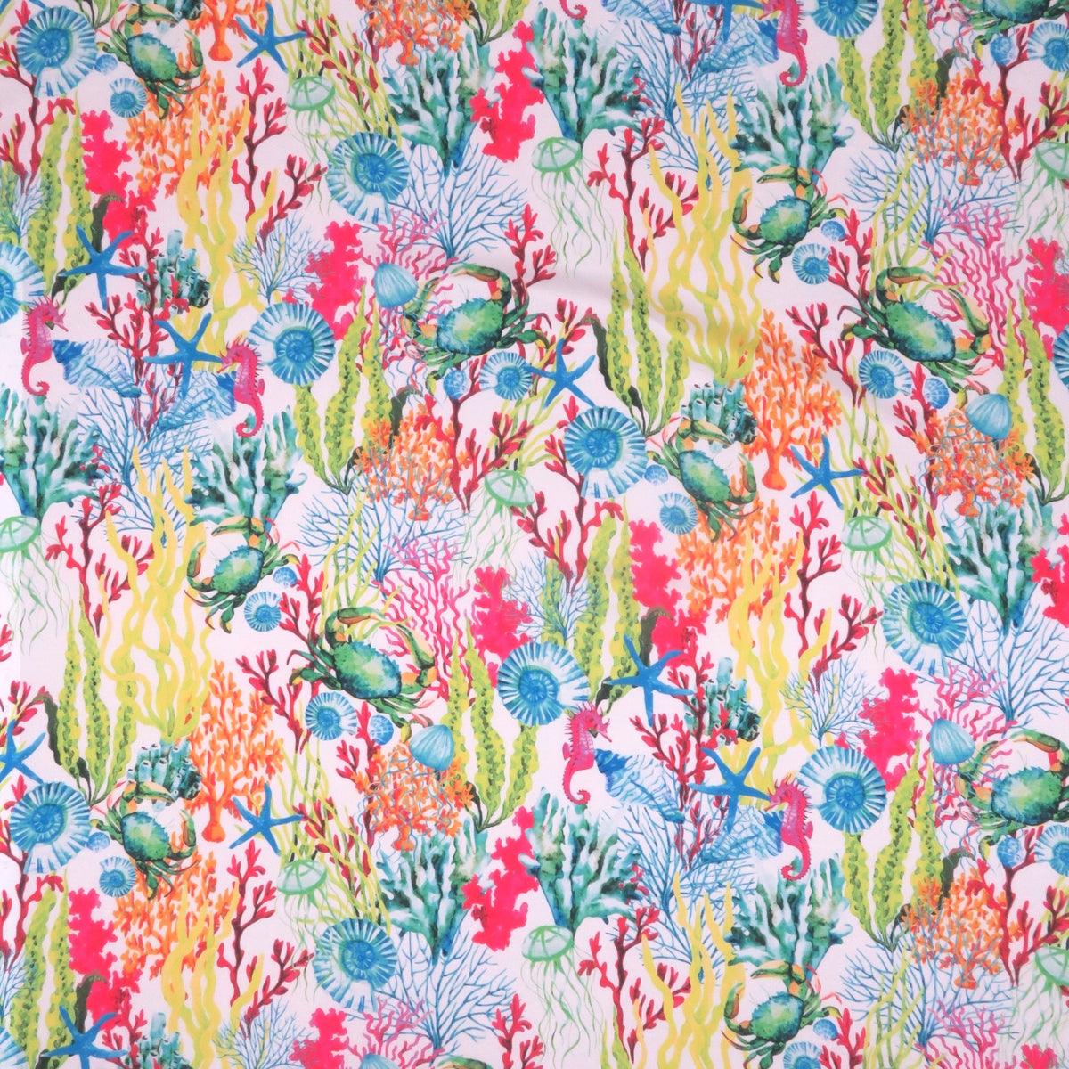 Multicolored Marine Coral Reef on White Background Charmeuse Polyester ...