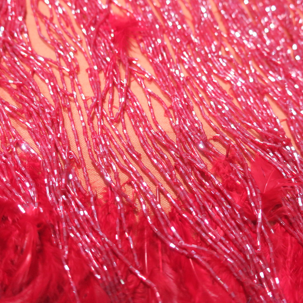 Red Tulle with Fringes and Feathers Abstract Embroidered Fabric– Rex ...