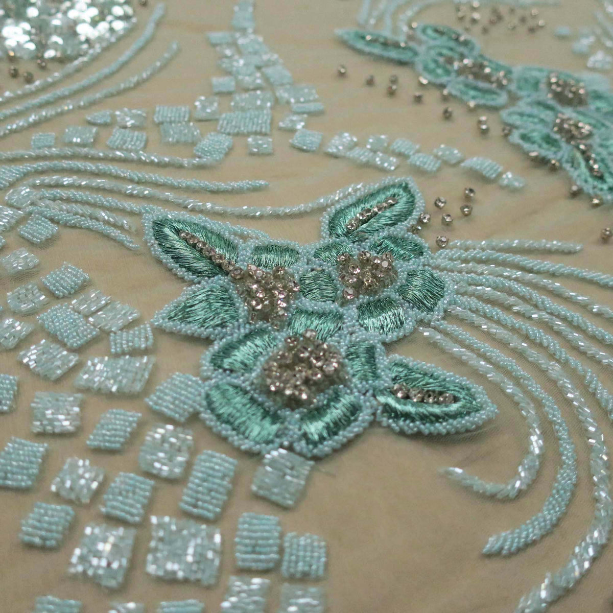 Aqua Bugle Beads Floral Embroidered Tulle Fabric– Rex Fabrics