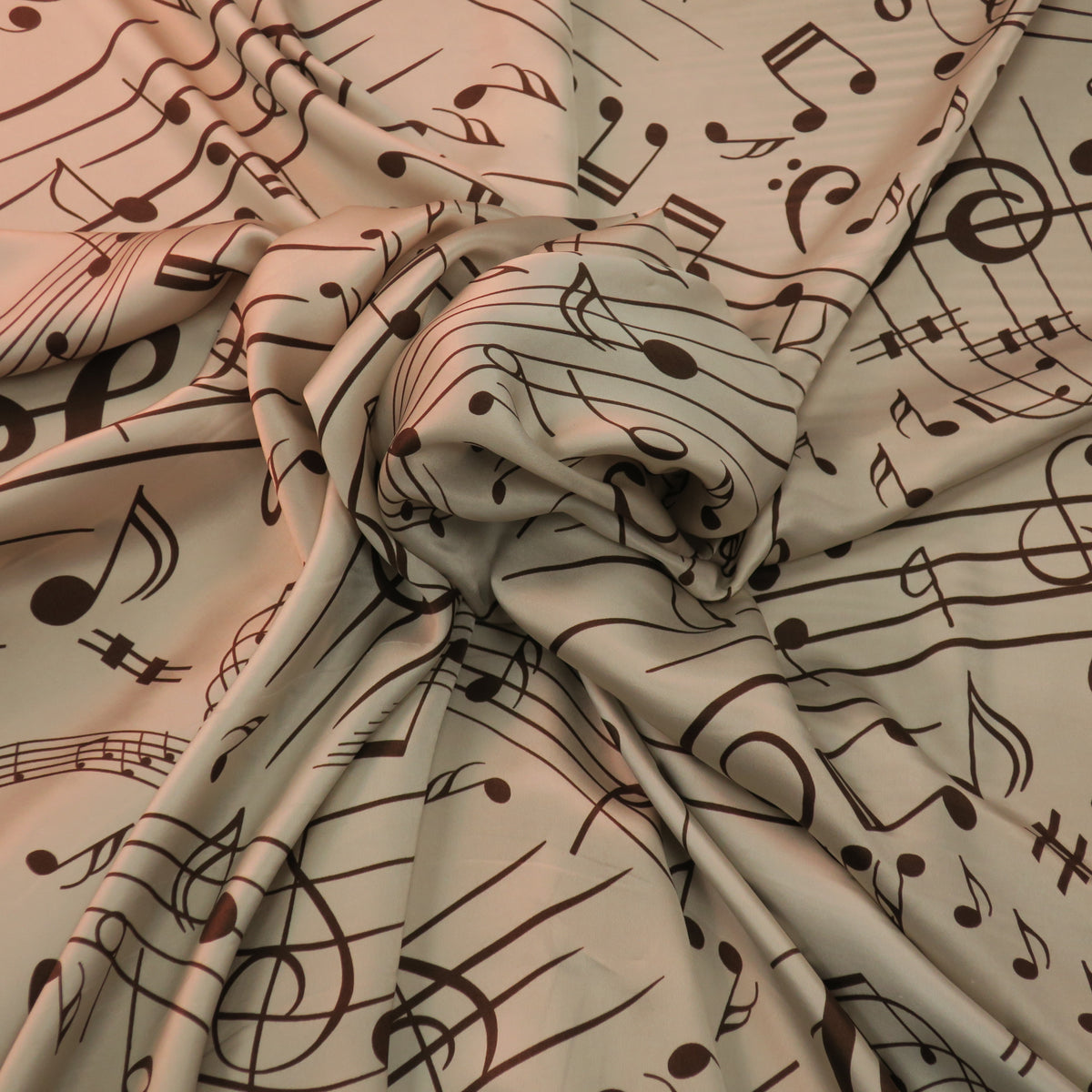 Brown Musical Notes on a Beige Background Printed Silk Charmeuse Fabric ...