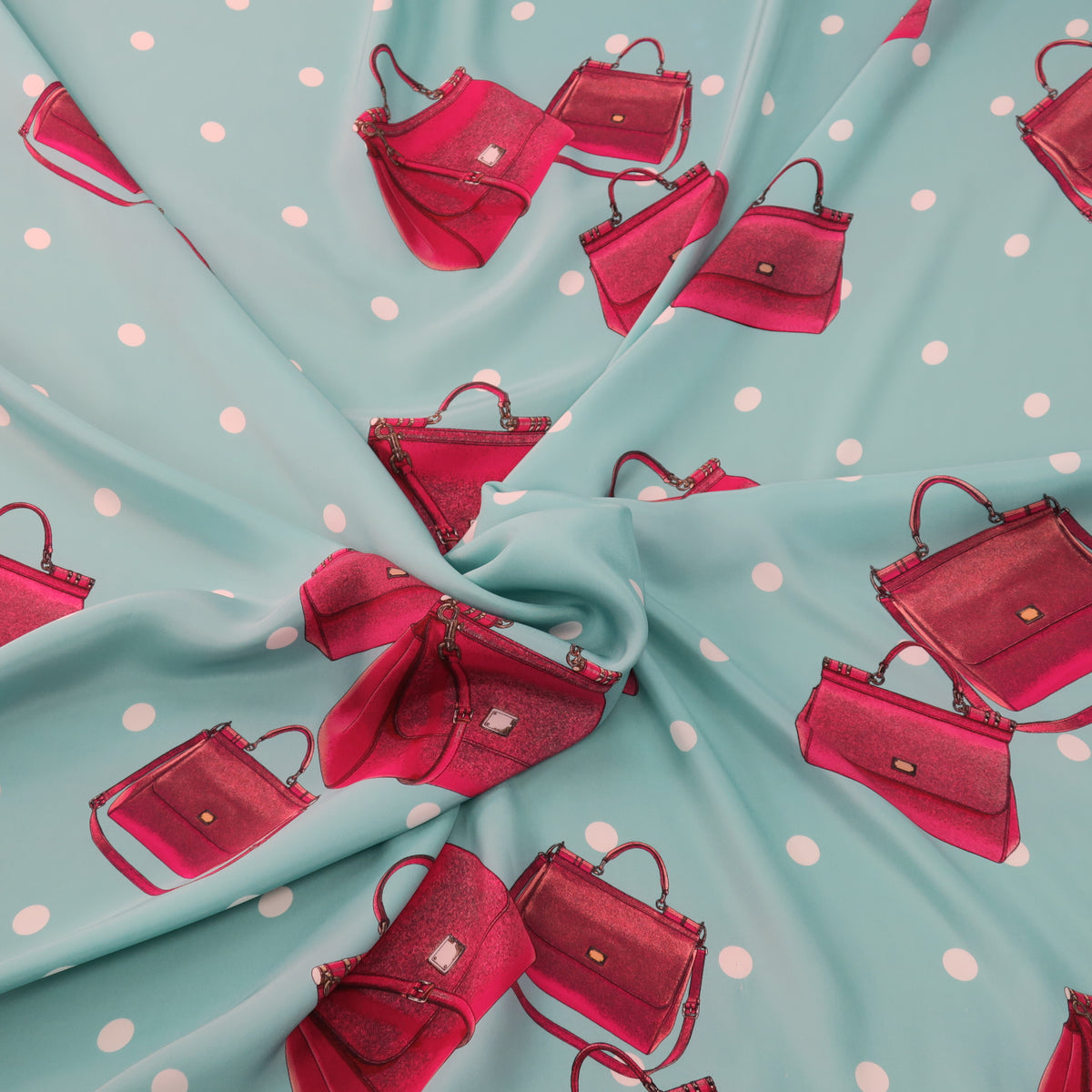 Pink Purses on Turquoise Ground Printed Silk Charmeuse Fabric | Rex Fabrics