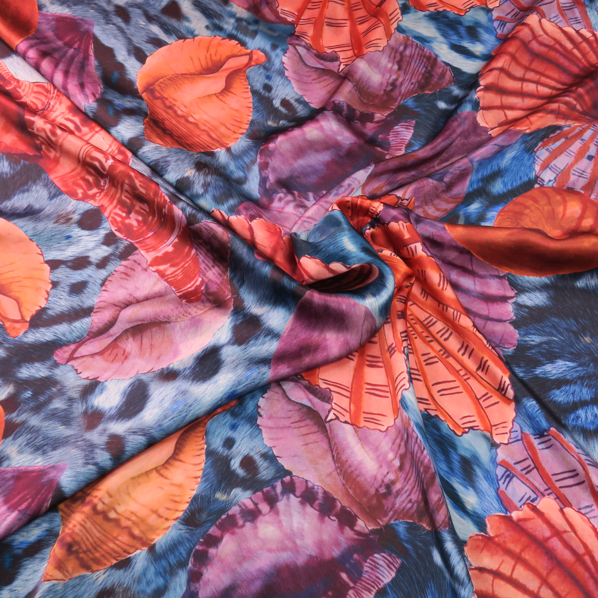 Orange Shells on Purple Ground Printed Silk Charmeuse Fabric | Rex Fabrics