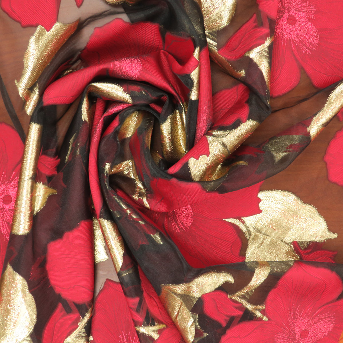 Red and Gold Big Florals with Lurex Thread on Organza Brocade Fabric ...