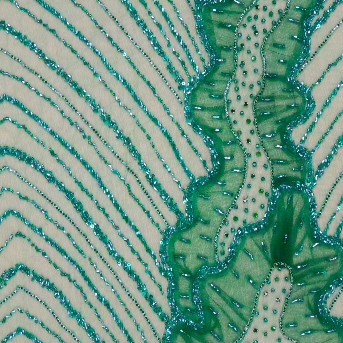 Green Modern Abstract Bugle Beads and Sequins Embroidered Tulle Fabric ...