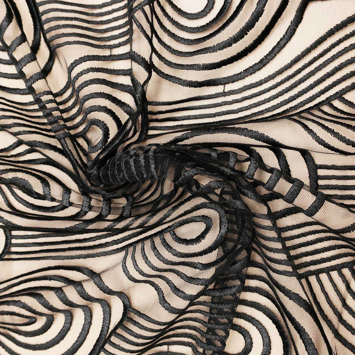 Black Abstract Swirled Embroidered Tulle Fabric | Rex Fabrics