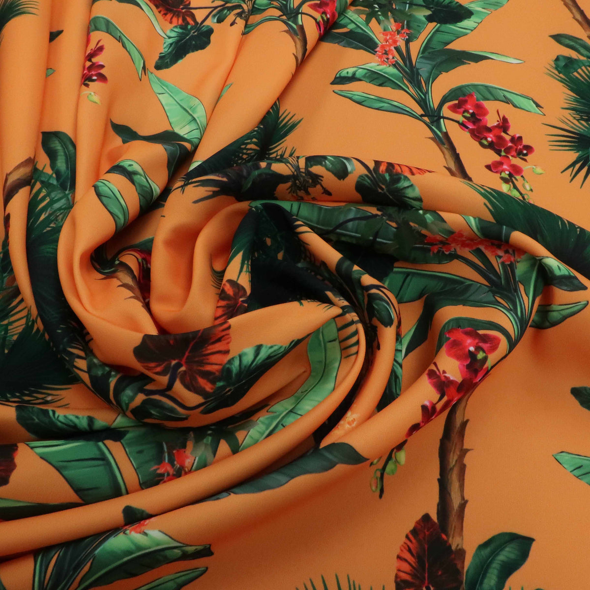Orange and Green Palm Trees Print Crepe Silk | Rex Fabrics